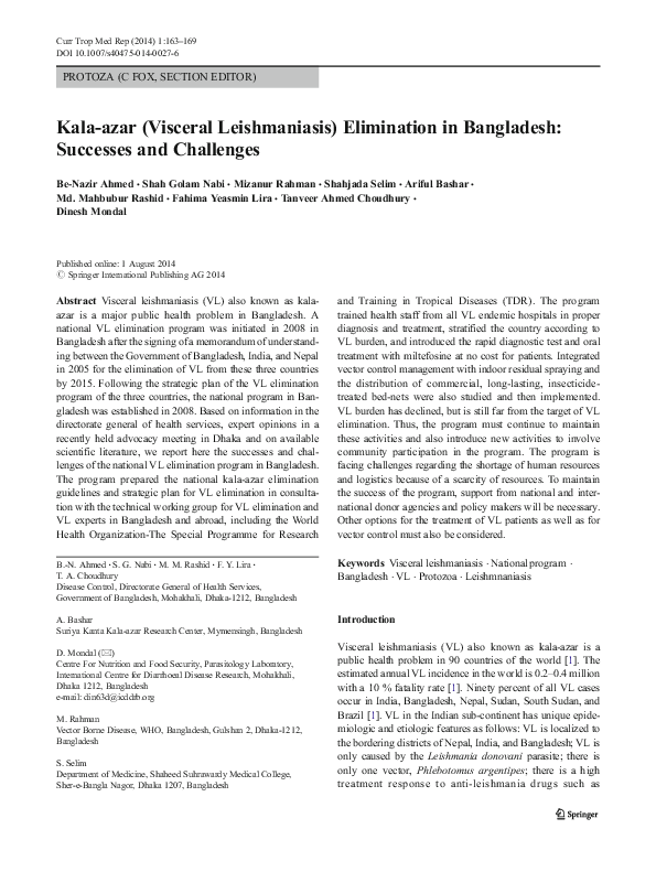 (PDF) Kala-azar (Visceral Leishmaniasis) Elimination in Bangladesh: Successes and Challenges