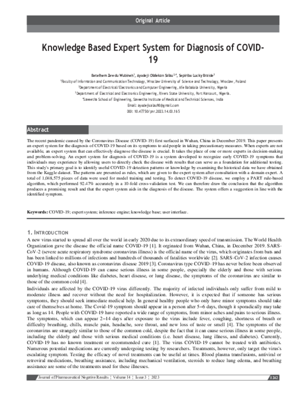 (PDF) Knowledge Based Expert System for Diagnosis of COVID- 19