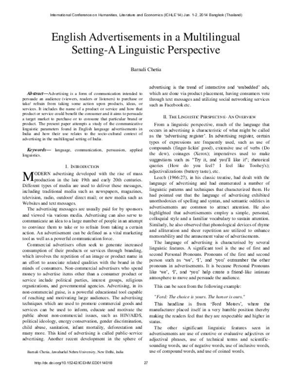 (PDF) English Advertisements in a Multilingual Setting-A Linguistic ...