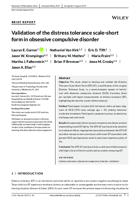 (PDF) Validation of the distress tolerance scale-short form in obsessive compulsive disorder