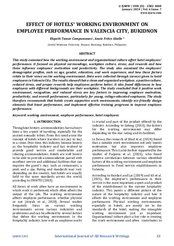 (PDF) EFFECT OF HOTELS WORKING ENVIRONMENT ON EMPLOYEE PERFORMANCE IN ...
