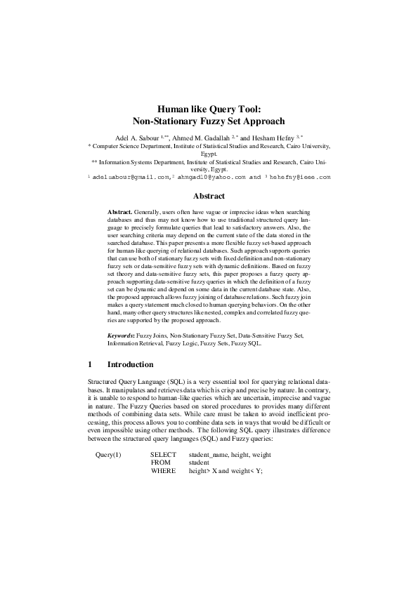 (PDF) Human like Query Tool: Non-Stationary Fuzzy Set Approach