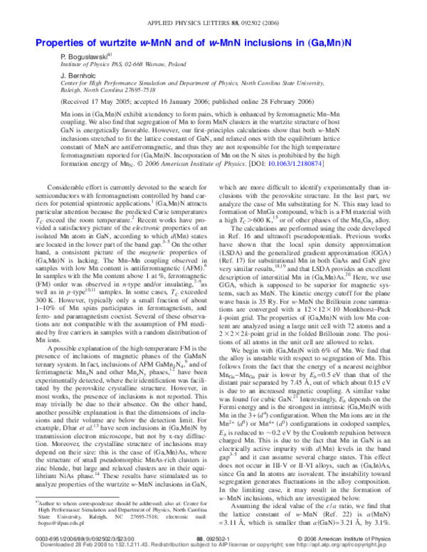 (PDF) Properties of wurtzite w-MnN and of w-MnN inclusions in (Ga,Mn)N