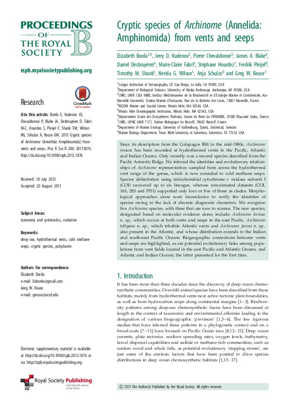 (PDF) Cryptic species ofArchinome(Annelida: Amphinomida) from vents and ...
