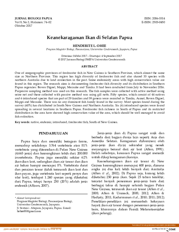 (PDF) Keanekaragaman Ikan di Selatan Papua