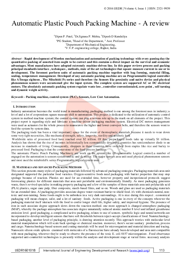 (PDF) Automatic Plastic Pouch Packing Machine - A review