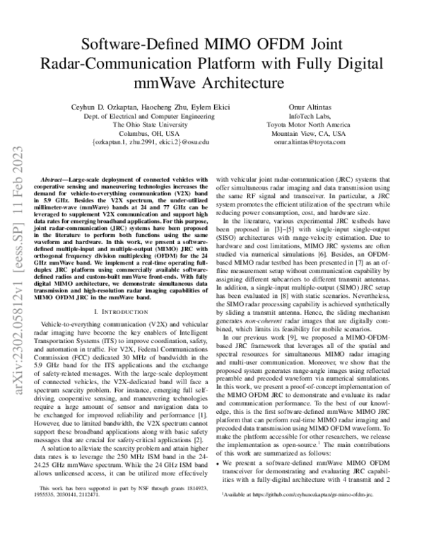 (PDF) Software-Defined MIMO OFDM Joint Radar-Communication Platform with Fully Digital mmWave ...