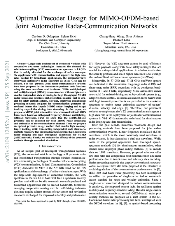 (PDF) Optimal Precoder Design for MIMO-OFDM-based Joint Automotive Radar-Communication Networks