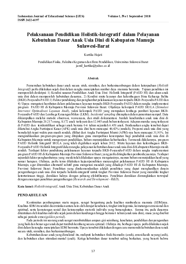 (PDF) Pelaksanaan Pendidikan Holistik-Integratif dalam Pelayanan Kebutuhan Dasar Anak Usia Dini ...