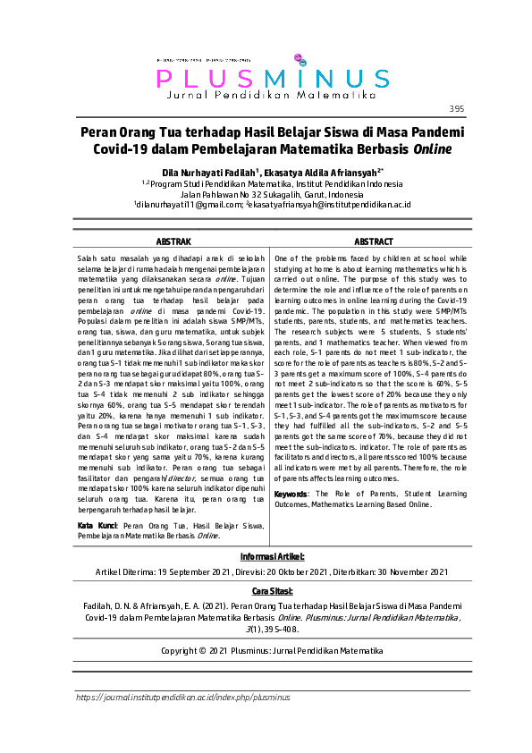 (PDF) Peran Orang Tua terhadap Hasil Belajar Siswa di Masa Pandemi Covid-19 dalam Pembelajaran ...
