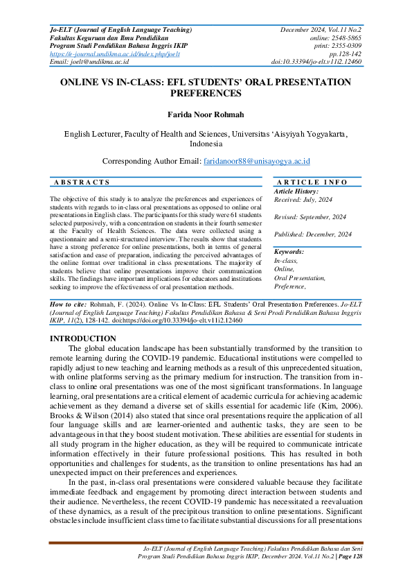(PDF) ONLINE VS IN-CLASS: EFL STUDENTS’ ORAL PRESENTATION PREFERENCES