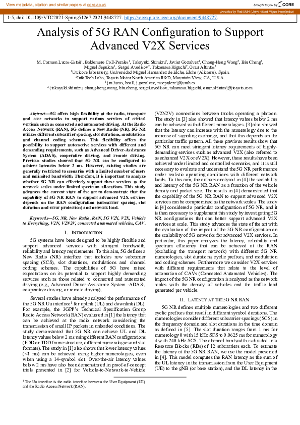 (PDF) Analysis of 5G RAN Configuration to Support Advanced V2X Services