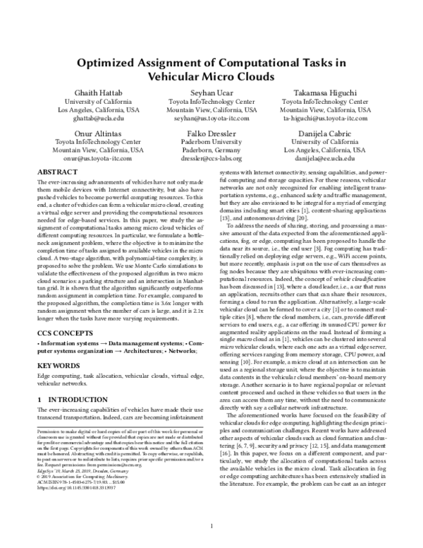 Pdf Optimized Assignment Of Computational Tasks In Vehicular Micro Clouds