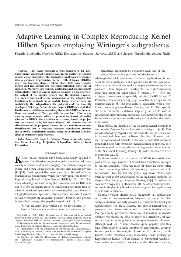 (PDF) Adaptive Learning in Complex Reproducing Kernel Hilbert Spaces Employing Wirtinger's ...