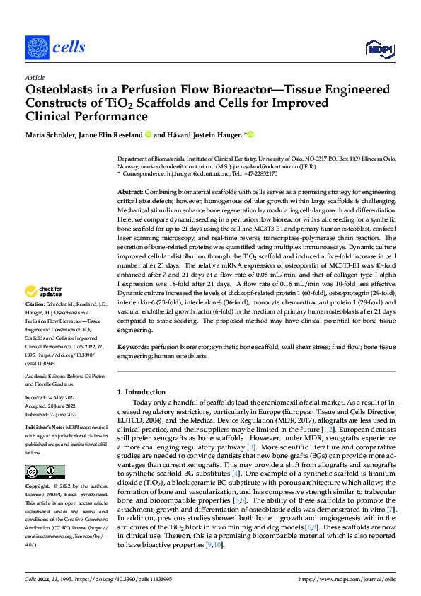(PDF) Osteoblasts in a Perfusion Flow Bioreactor—Tissue Engineered ...