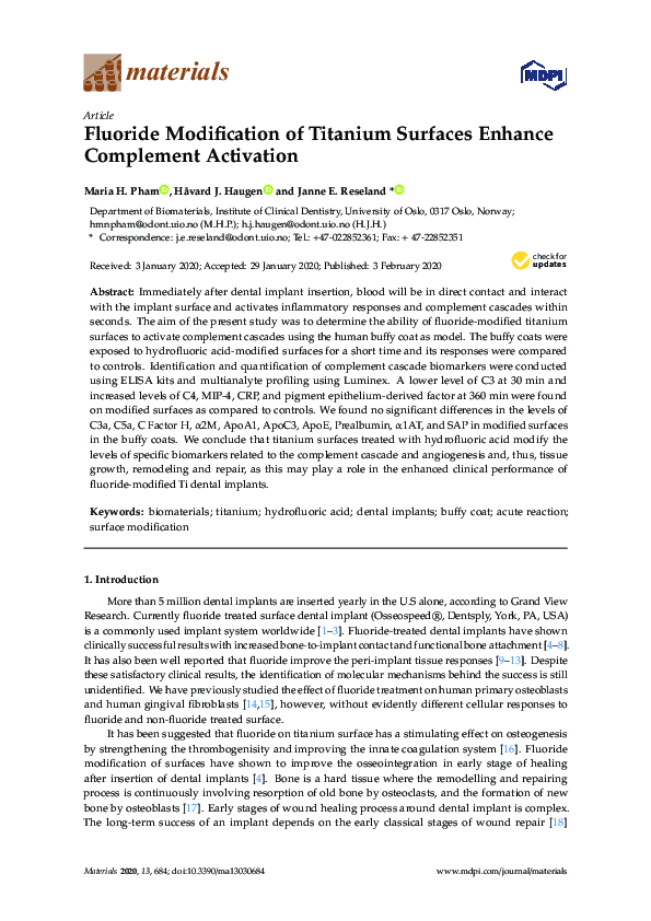 (PDF) Fluoride Modification of Titanium Surfaces Enhance Complement ...