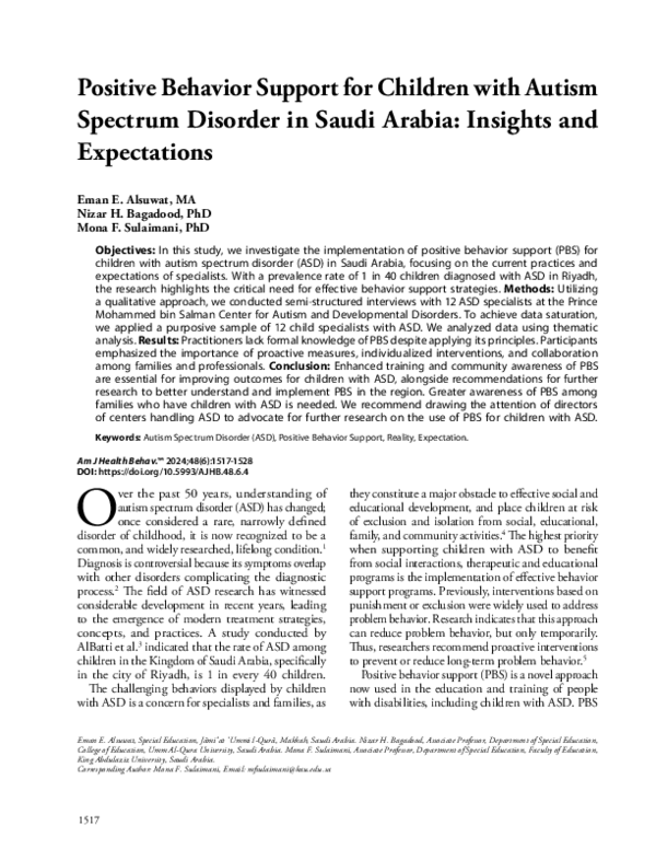 (PDF) Positive Behavior Support for Children with Autism Spectrum ...