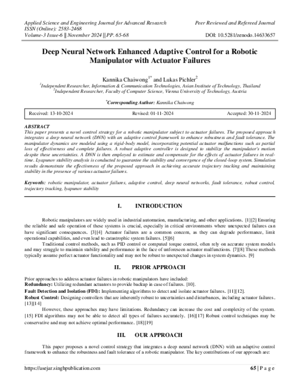 (PDF) Deep Neural Network Enhanced Adaptive Control for a Robotic Manipulator with Actuator Failures