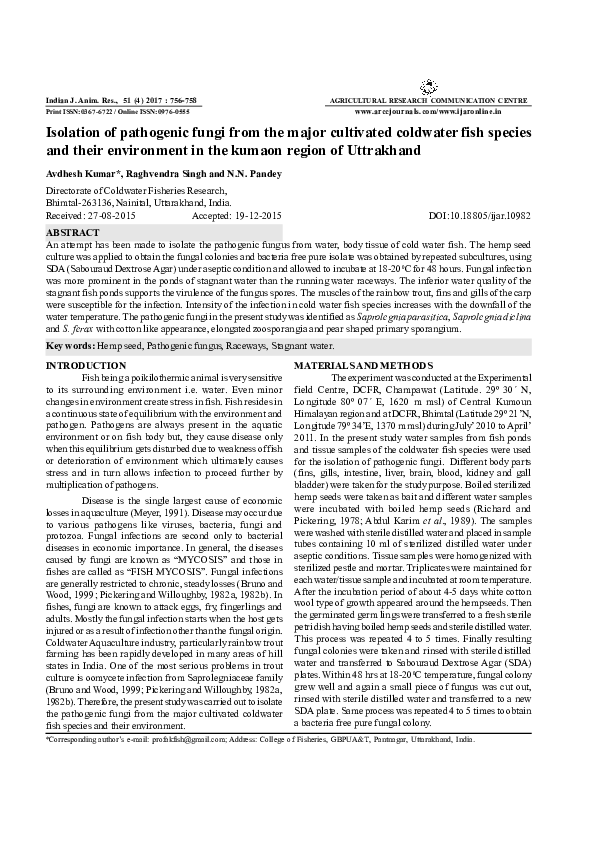 (PDF) Isolation of pathogenic fungi from the major cultivated coldwater ...