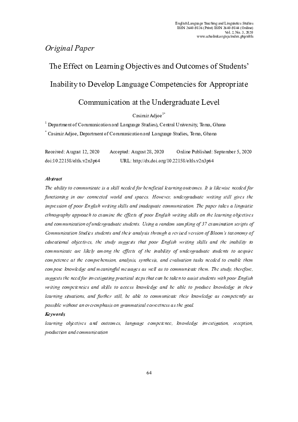 (PDF) The Effect on Learning Objectives and Outcomes of Students’ Inability to Develop Language ...