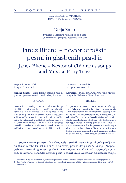 (PDF) Janez Bitenc – nestor otroških pesmi in glasbenih pravljic