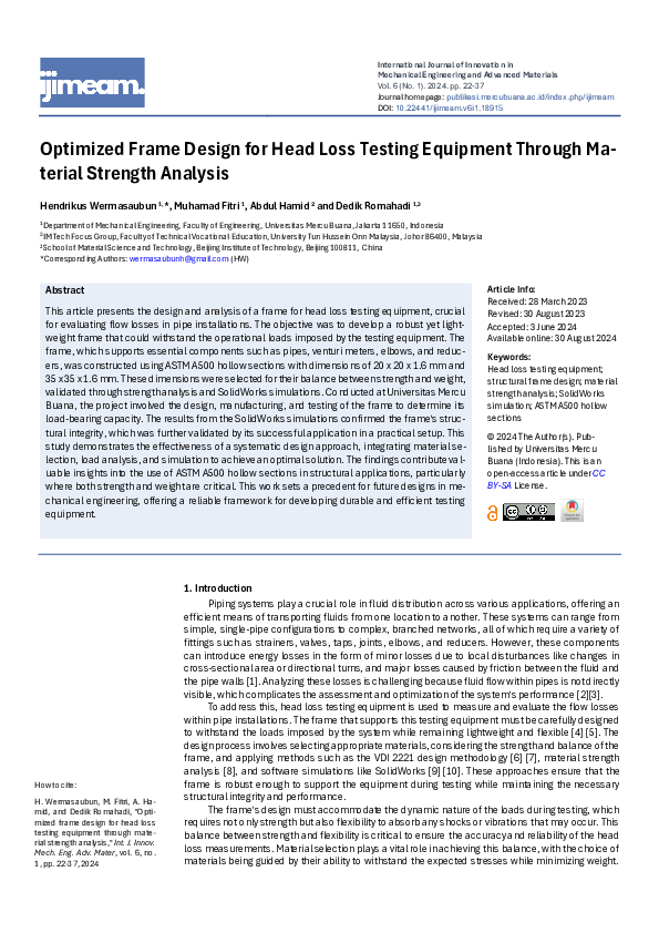 (PDF) Optimized Frame Design for Head Loss Testing Equipment Through Ma ...