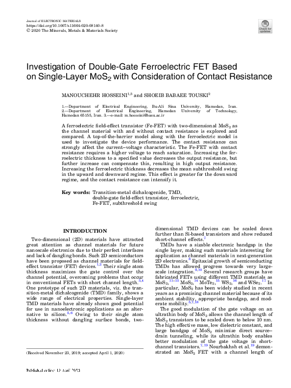 (PDF) Investigation of Double-Gate Ferroelectric FET Based on Single-Layer MoS2 with ...
