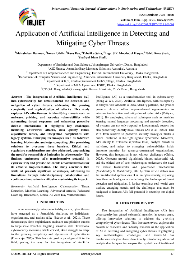 (PDF) Research Paper 3 Application of Artificial Intelligence in Detecting and Mitigating Cyber ...