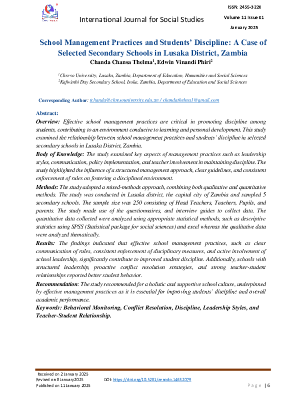 (PDF) School Management Practices and Students’ Discipline: A Case of ...