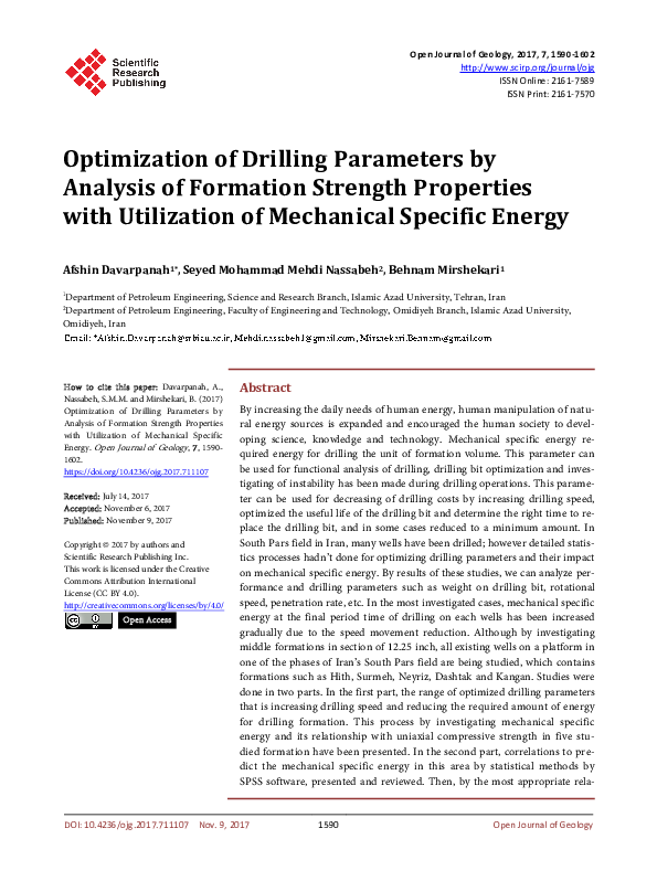 (PDF) Optimization of Drilling Parameters by Analysis of Formation ...