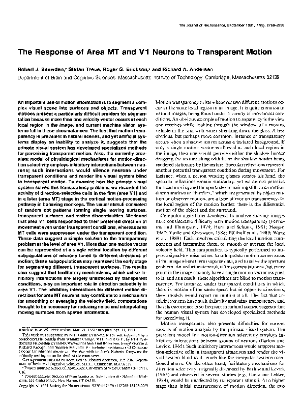 (PDF) The response of area MT and V1 neurons to transparent motion