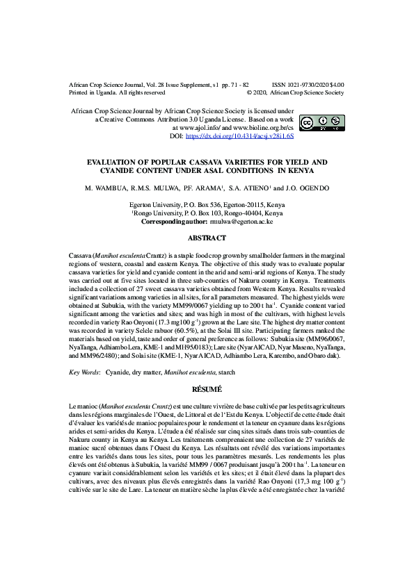 (PDF) Evaluation of popular cassava varieties for yield and cyanide content under ASAL ...