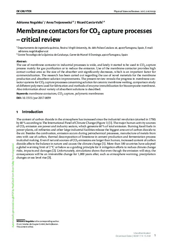 Pdf Membrane Contactors For Co2 Capture Processes Critical Review