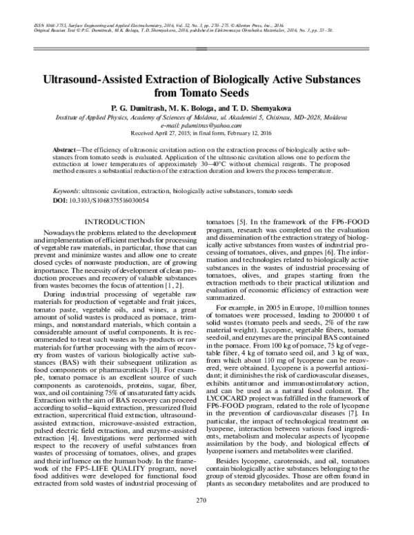 (PDF) Ultrasound-assisted extraction of biologically active compounds and their successive ...