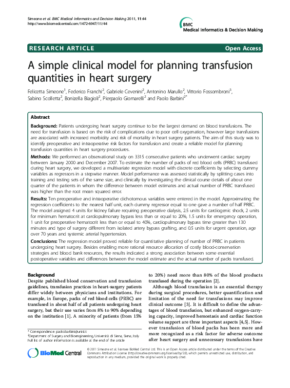 (PDF) A simple clinical model for planning transfusion quantities in ...