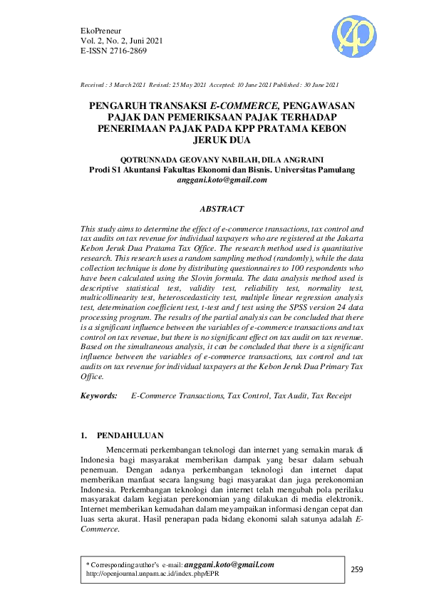 (PDF) Pengaruh Transaksi E-Commerce, Pengawasan Pajak dan Pemeriksaan ...