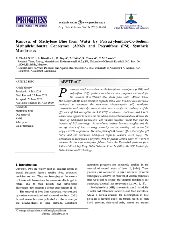 (PDF) Removal of Methylene Blue from Water by Polyacrylonitrile Co ...