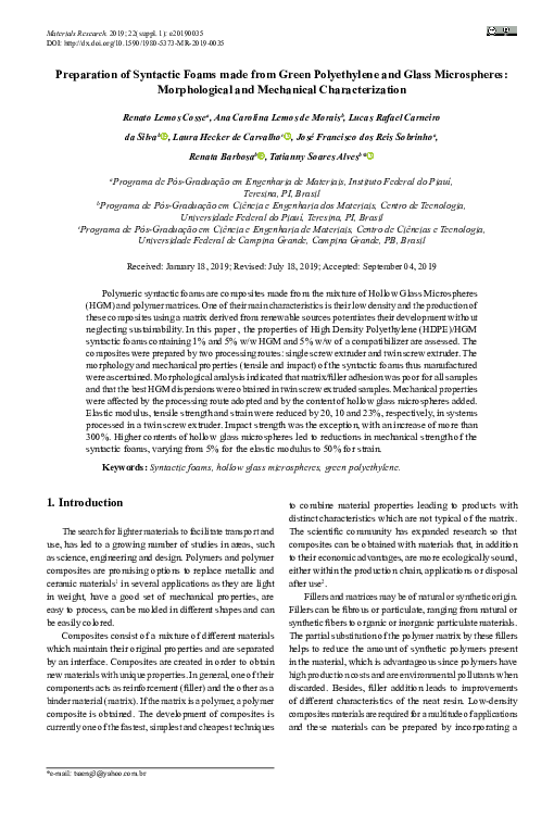 (PDF) Preparation of Syntactic Foams made from Green Polyethylene and ...