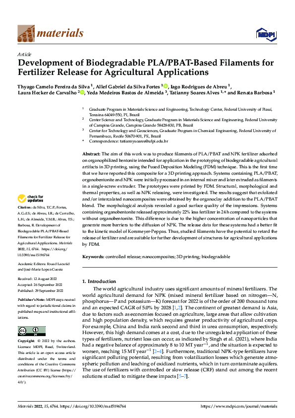 (PDF) Development of Biodegradable PLA/PBAT-Based Filaments for Fertilizer Release for ...
