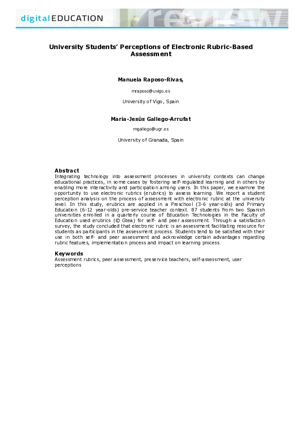 (PDF) University Students' Perceptions of Electronic Rubric-Based Assessment