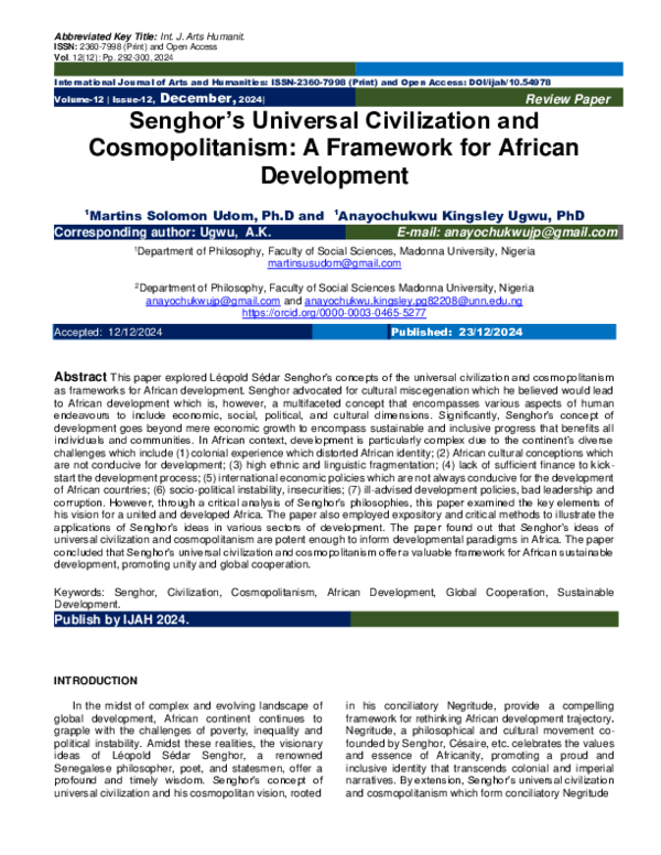 (PDF) Senghor’s Universal Civilization and Cosmopolitanism A Framework ...