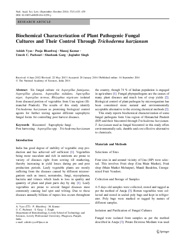 (PDF) Biochemical Characterization of Plant Pathogenic Fungal Cultures and Their Control Through ...