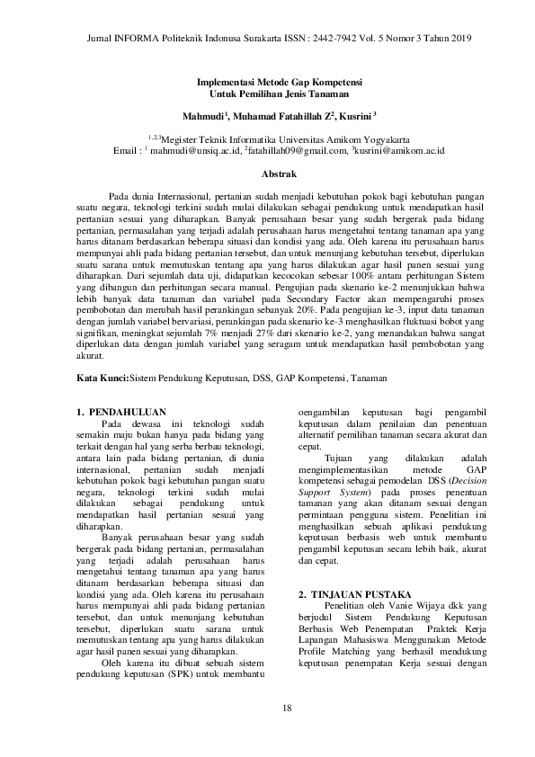(PDF) Implementasi Metode Gap Kompetensi Untuk Pemilihan Jenis Tanaman