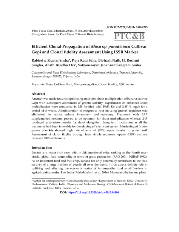 (PDF) Musa sp. paradisiaca Cultivar Gopi and Clonal fidelity Assessment using ISSR Marker