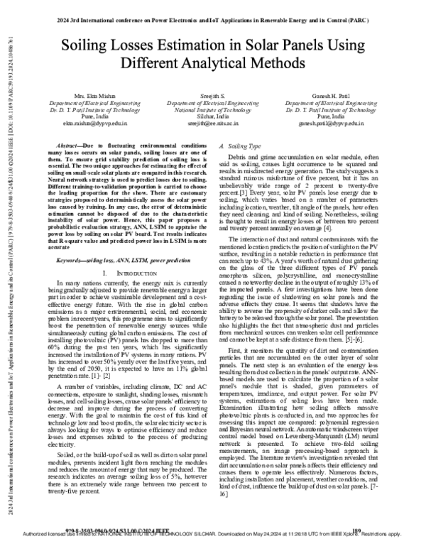 (PDF) Soiling Losses Estimation in Solar Panels Using Different Analytical Methods