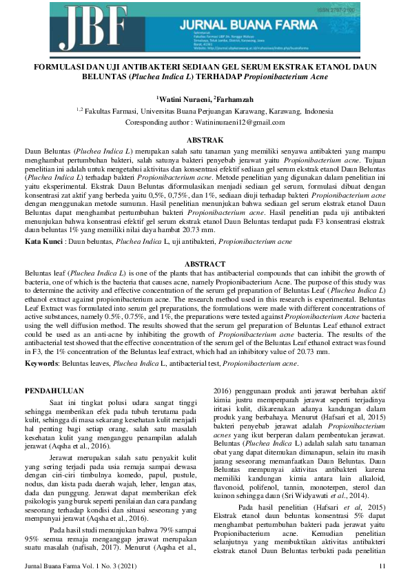 (PDF) FORMULASI DAN UJI ANTIBAKTERI SEDIAAN GEL SERUM EKSTRAK ETANOL DAUN BELUNTAS (Pluchea ...