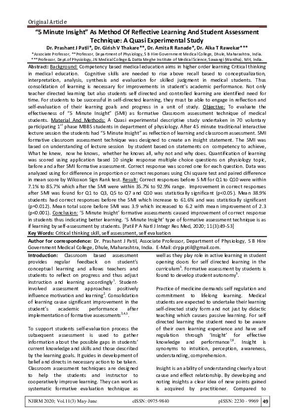 (PDF) “5 Minute Insight” As Method Of Reflective Learning And Student Assessment Technique: A ...