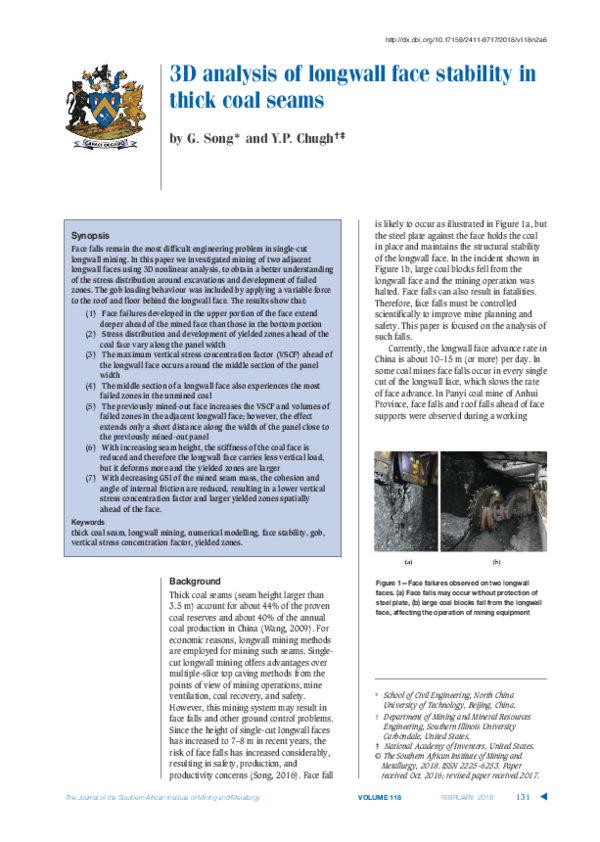 (PDF) 3D analysis of longwall face stability in thick coal seams