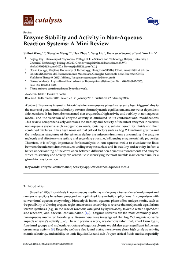 (PDF) Enzyme Stability and Activity in Non-Aqueous Reaction Systems: A ...