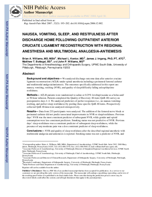 (PDF) Nausea, Vomiting, Sleep, and Restfulness Upon Discharge Home ...